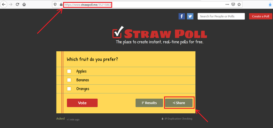 Strawpoll screenshot highlighting the URL and sharing buttons